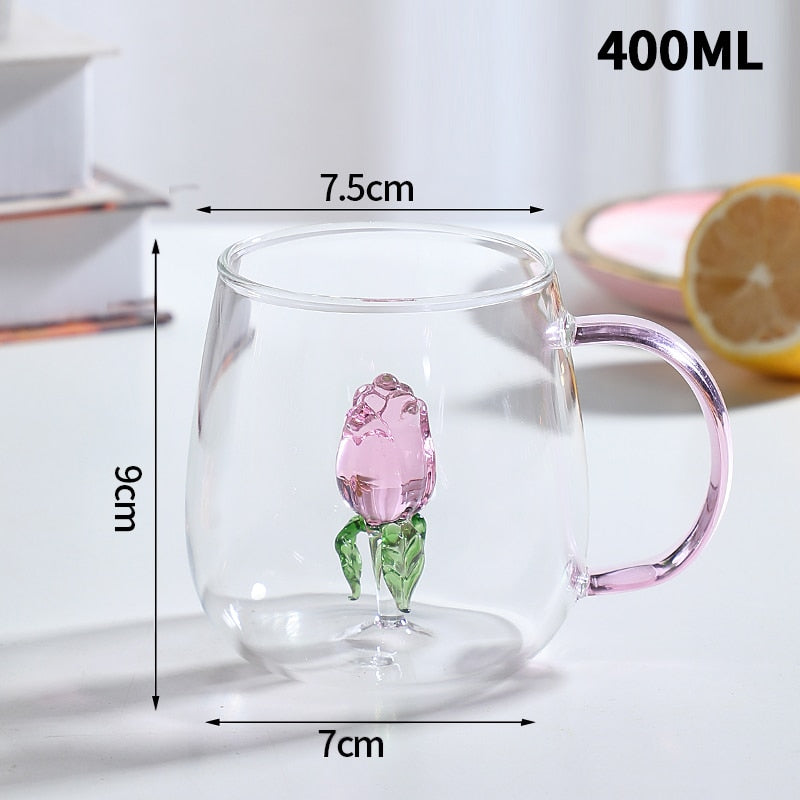 3D Rose Glass Mug with Flowers | Flower Glass Mug - Dear Cece